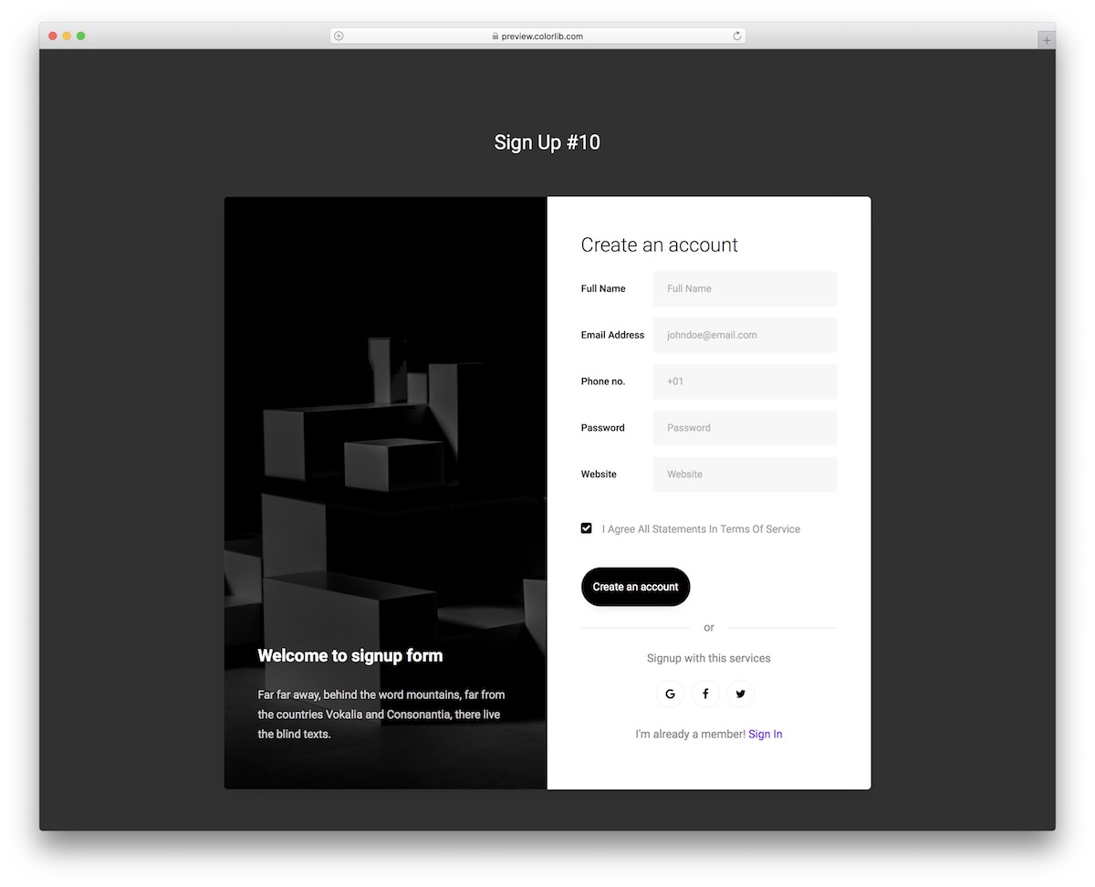 Signup Form V20 - Free Split-Screen Registration Form 2025 - Colorlib
